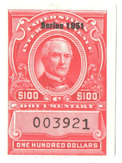 R583 - 1951 $100 US Internal Revenue Stamp - no gum, perf 12, carmine ...