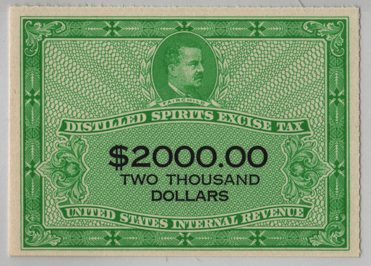 RX43 - 1952 $2,000 Distilled Spirits Excise Tax Stamp - yellow green ...