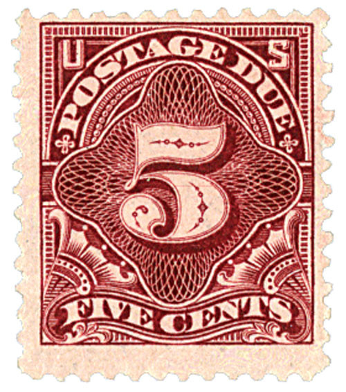 J34 - 1895 5c Postage Due Stamp - deep claret - Mystic Stamp Company