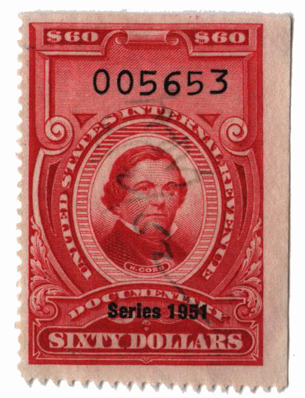 R582 - 1951 $60 US Internal Revenue Stamp - no gum, perf 12, carmine ...