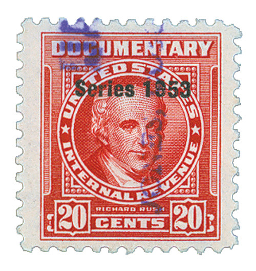 R627 - 1953 20c US Internal Revenue Stamp - watermark, perf 11, carmine ...