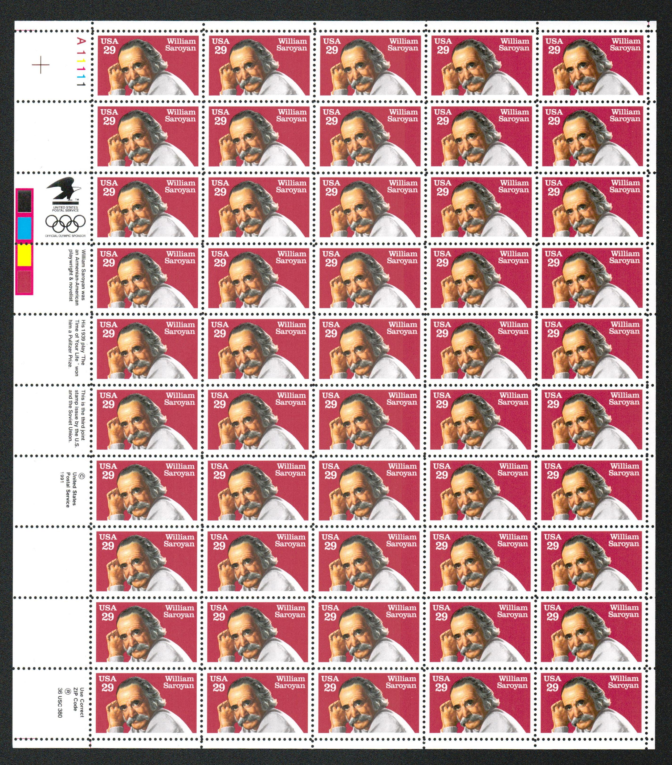 2538 - 1991 29c Literary Arts: William Saroyan - Mystic Stamp Company