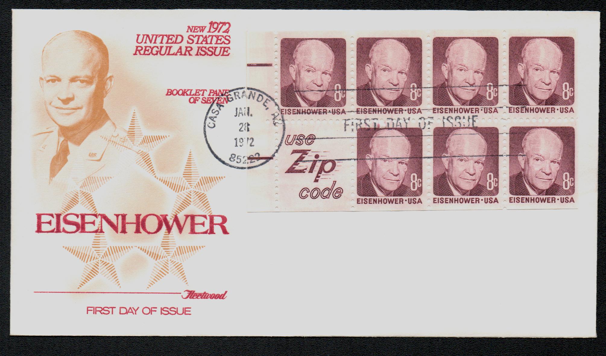 1395d - 1970-74 8c Dwight D. Eisenhower, booklet pane of 7 with label ...