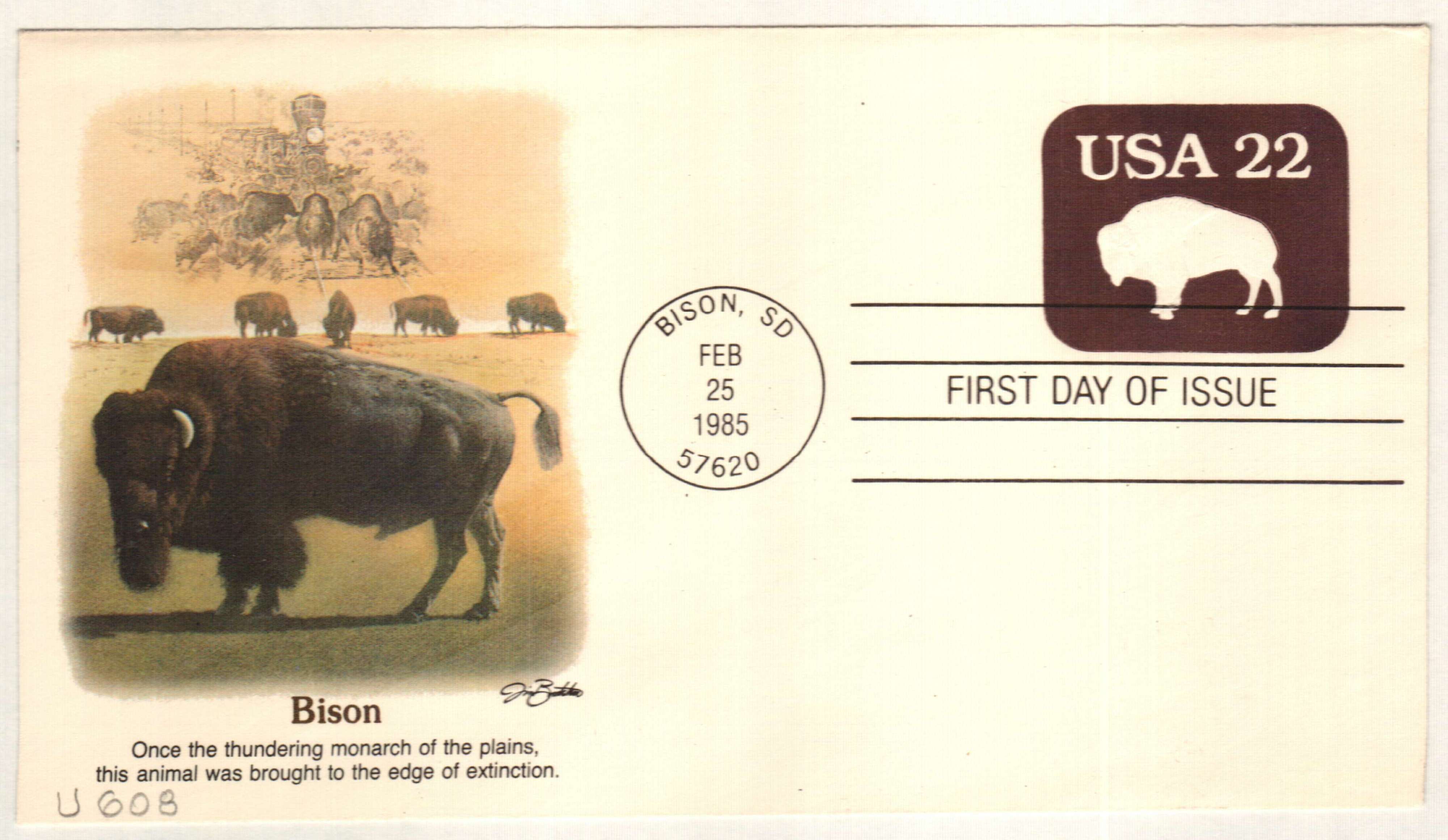 U608 - 1985 22c American Buffalo Stamped Env. - Mystic Stamp Company