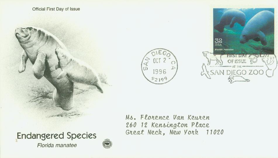 3105o - 1996 32c Endangered Species: Florida Manatee - Mystic Stamp Company