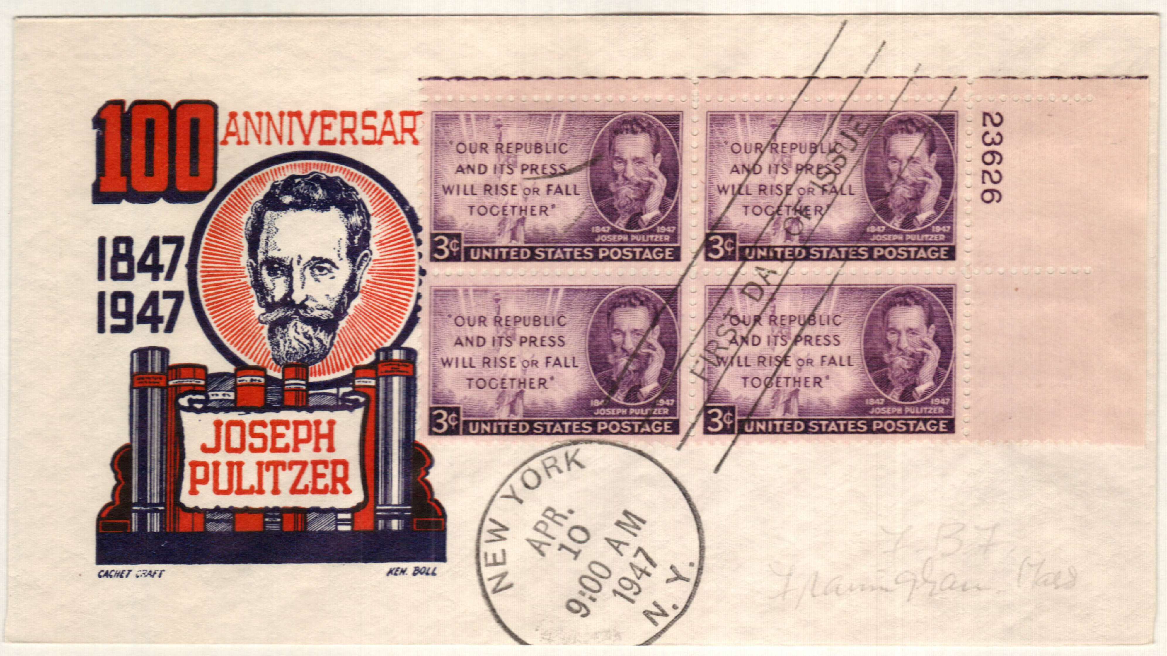 946 - 1947 3c Joseph Pulitzer - Mystic Stamp Company