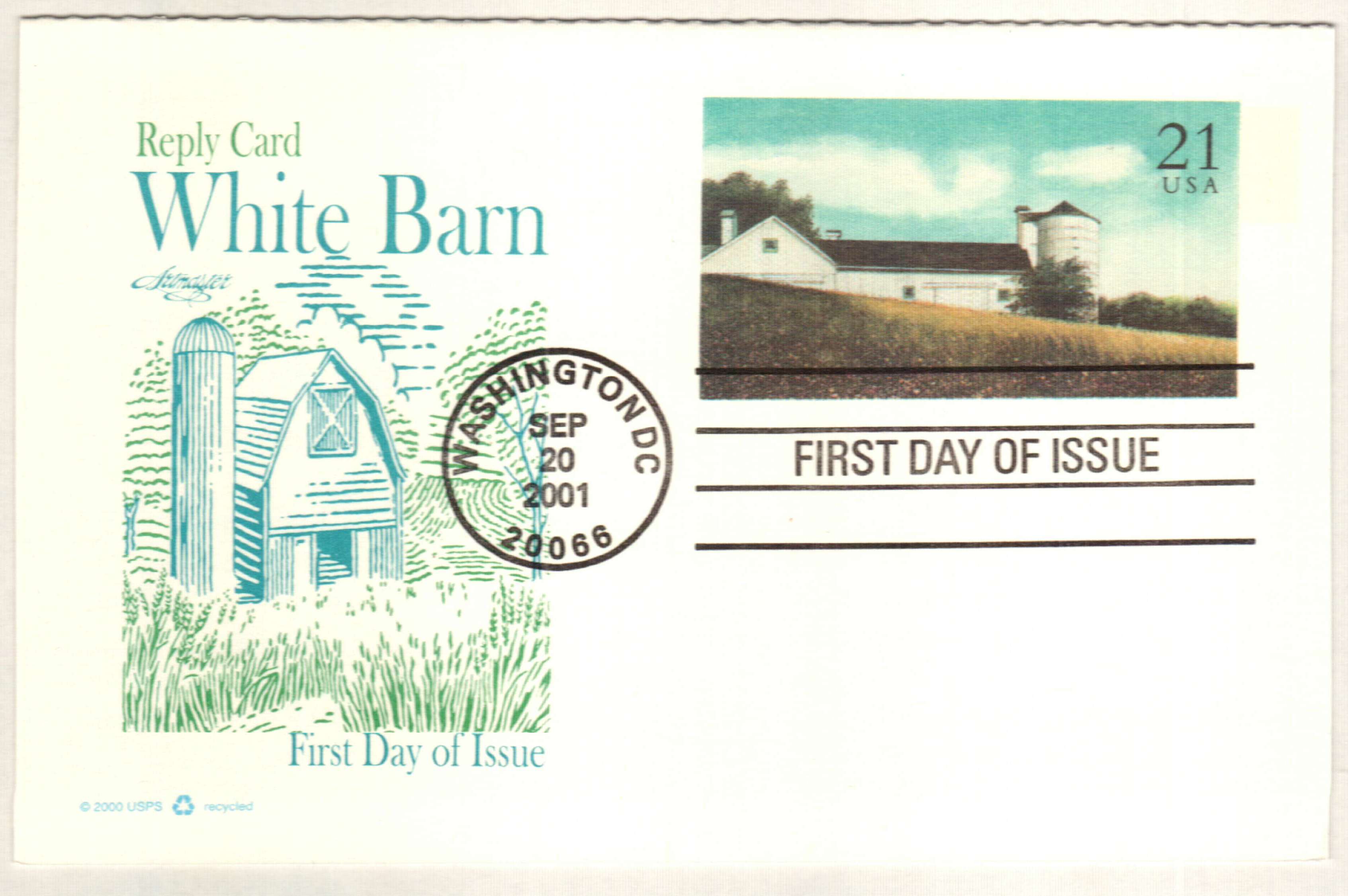 UY43 - 21c+21c Postal Card - White Barn postal card - Mystic Stamp Company
