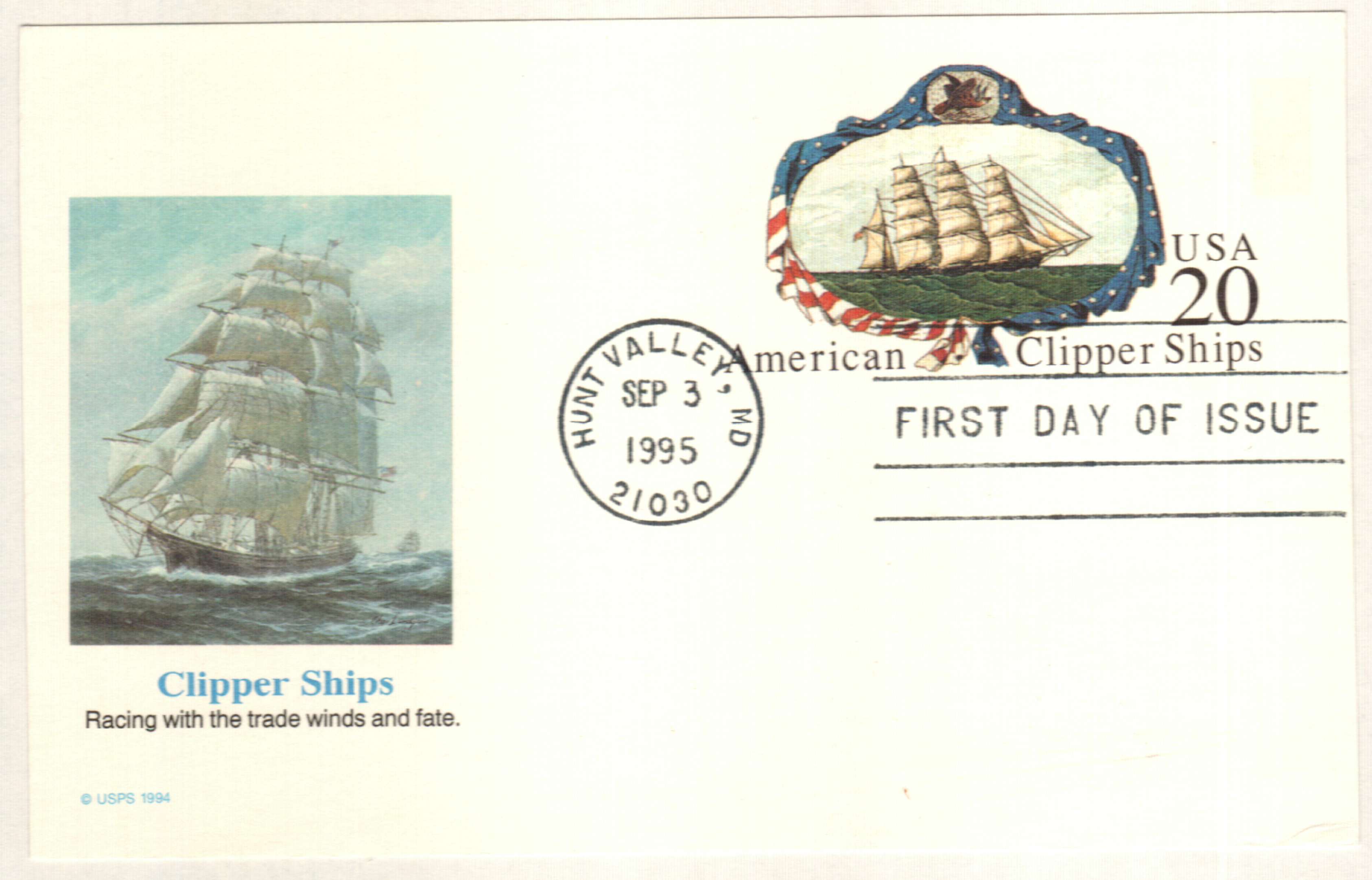 UX220 - 1995 20c Clipper Ship PC FDC - Mystic Stamp Company