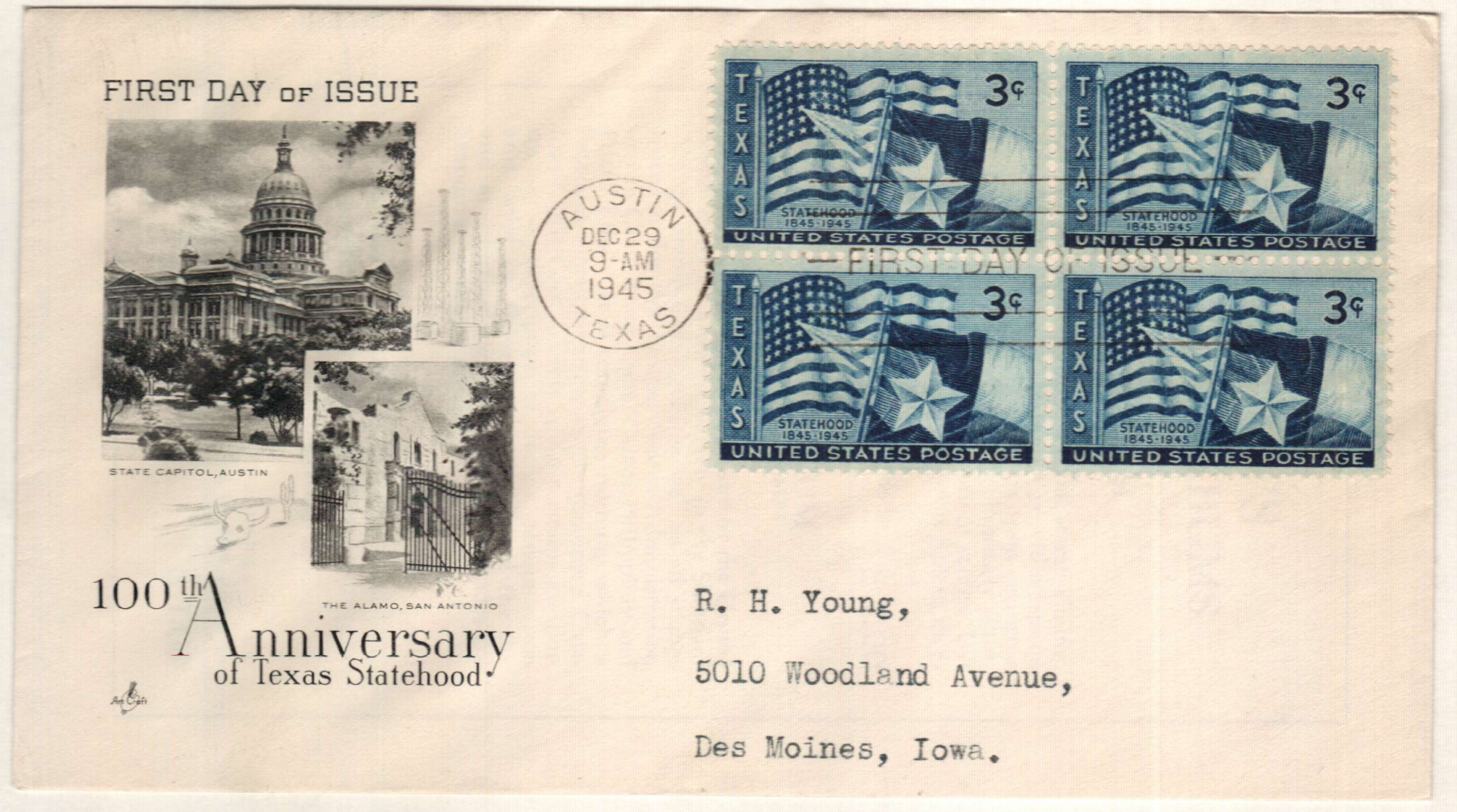 938 - 1945 3c Texas Statehood - Mystic Stamp Company