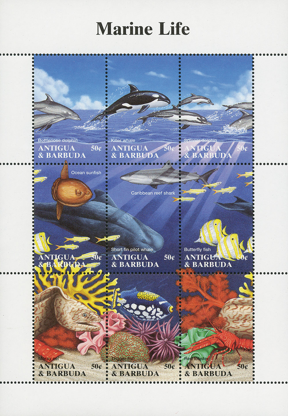 M11949 - 1994 50c Bottlenose Dolphin, Marine Life sheet of 9 stamps ...