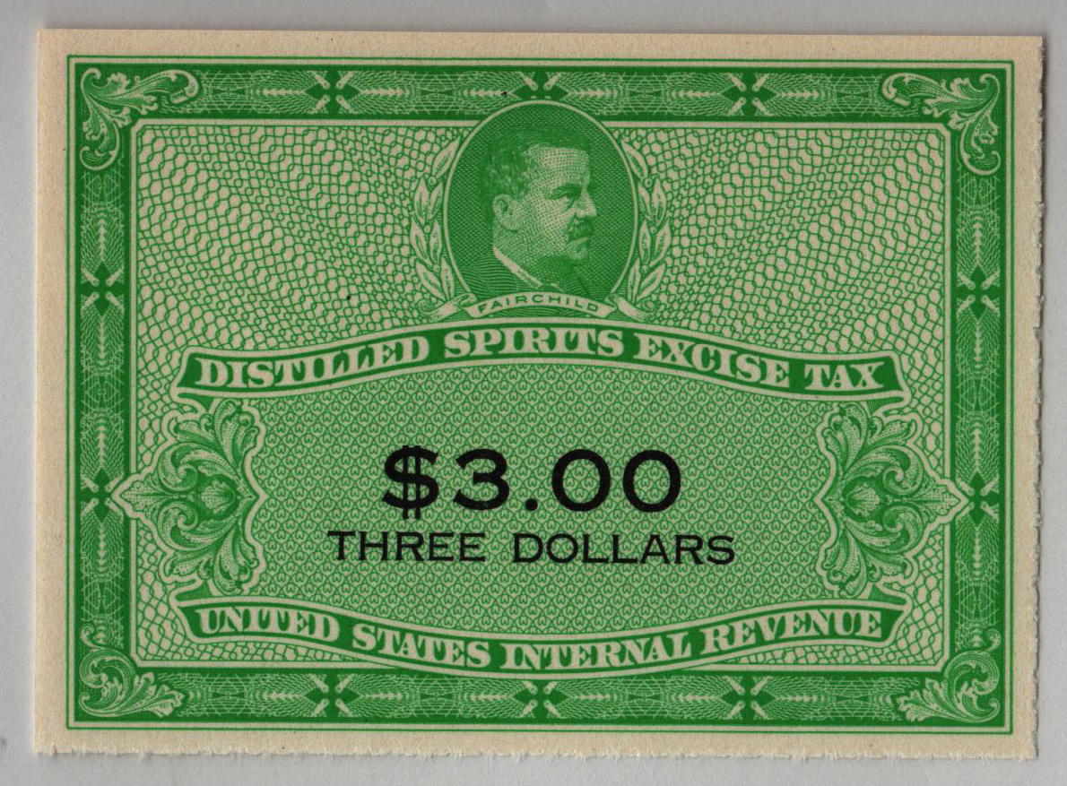 RX33 - 1952 $3.00 Distilled Spirits Excise Tax Stamp - yellow green ...