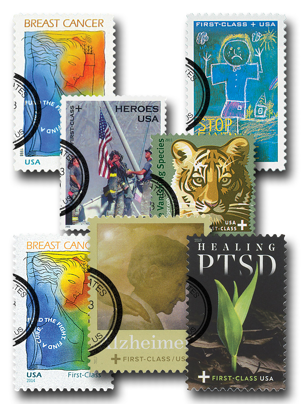 B1-7 - 1998-2019 U.S. Semi-Postal Stamps, complete set of 7 stamps ...