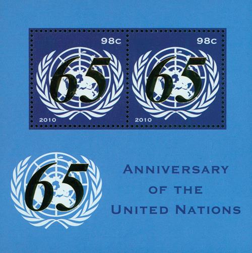 UN1011 - 2010 98c United Nations 65th Anniversary souvenir sheet of 2 ...