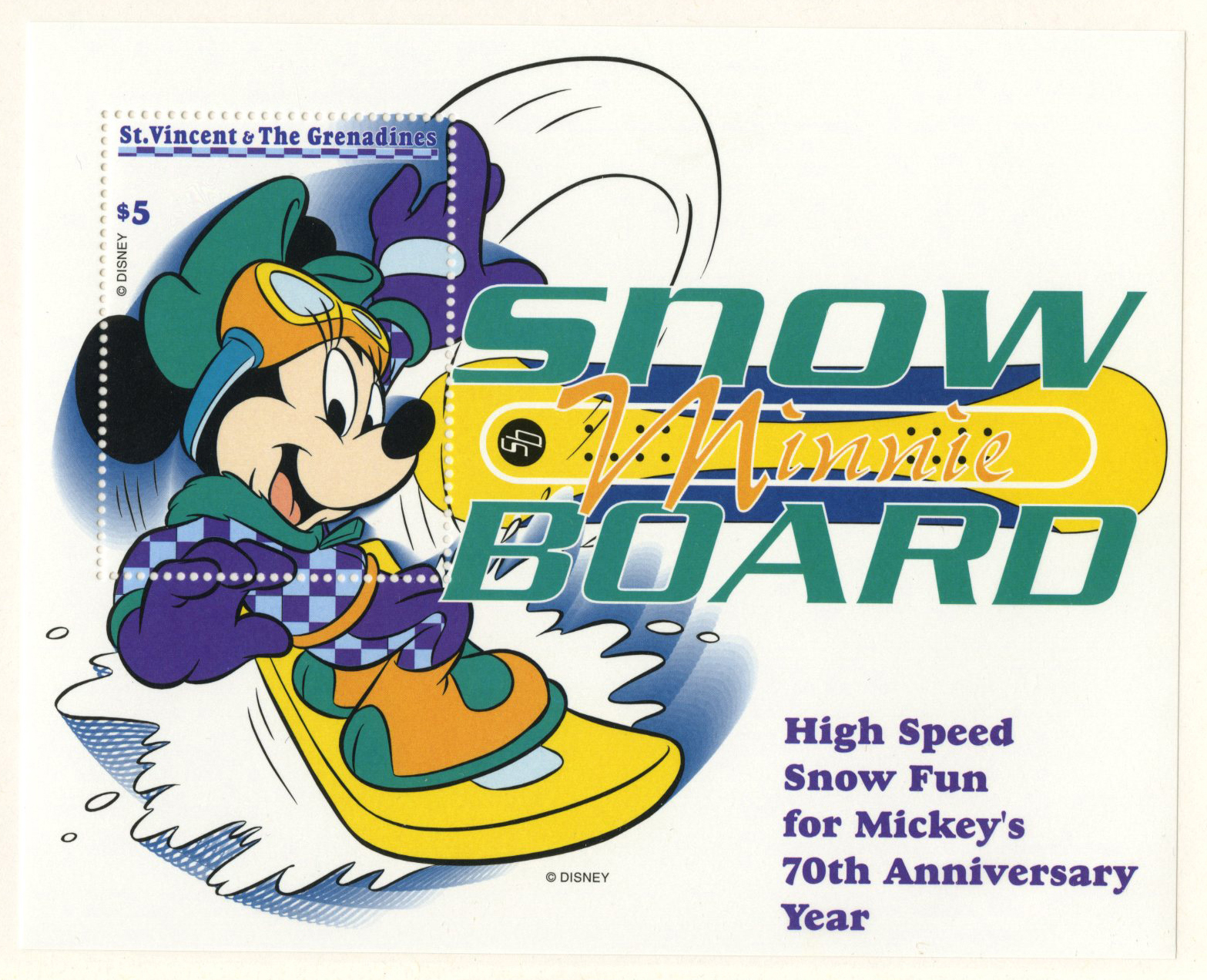 MDS461E - St. Vincent 1998 Snowboard Minnie, S/S - Mystic Stamp Company