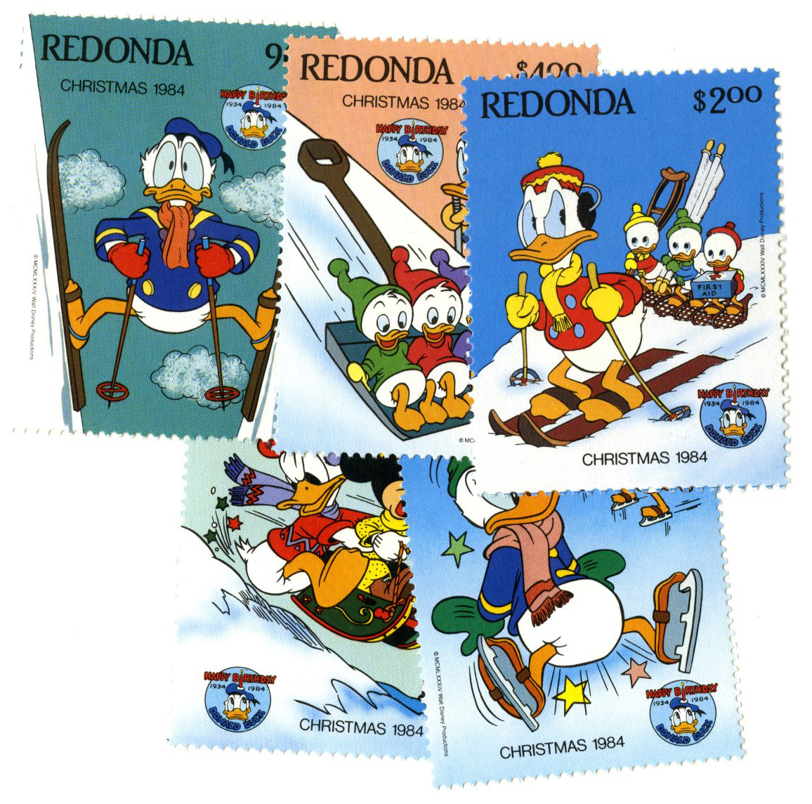 MDS411A - Redonda 1984 Donald Duck, 5 Stamps - Mystic Stamp Company