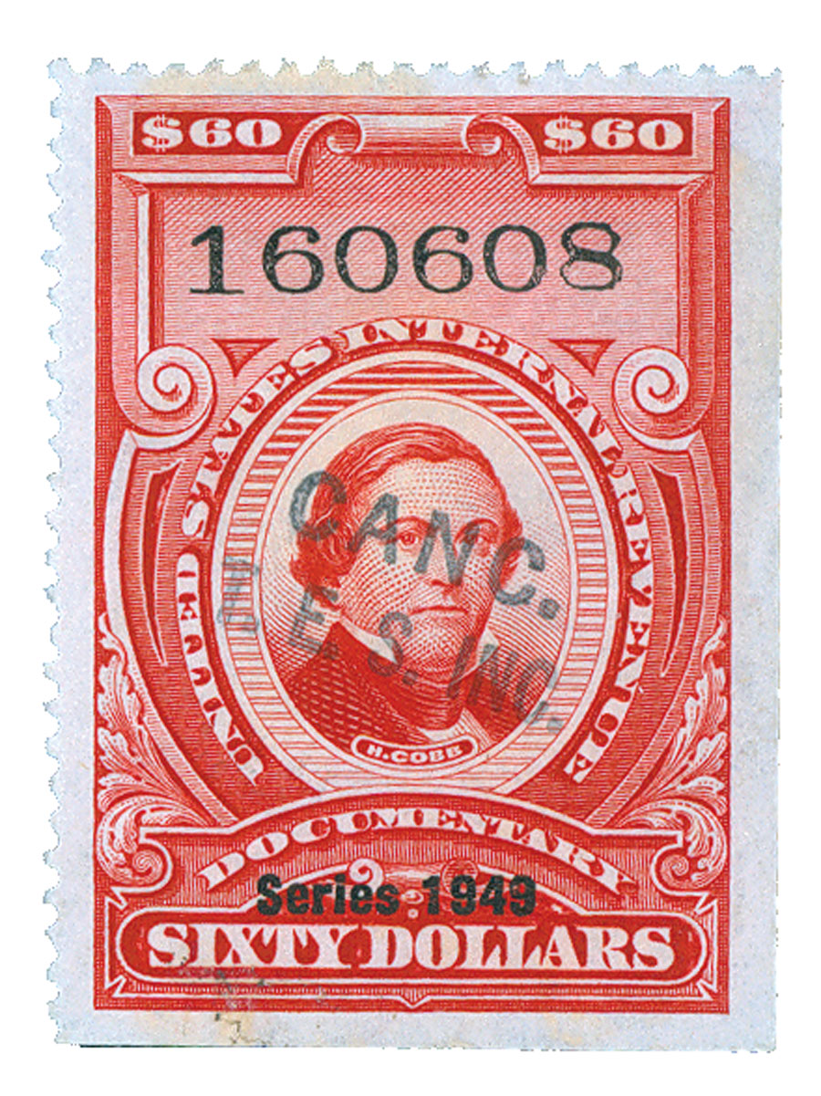 R532 - 1949 $60 US Internal Revenue Stamp - watermark, perf 12, carmine ...