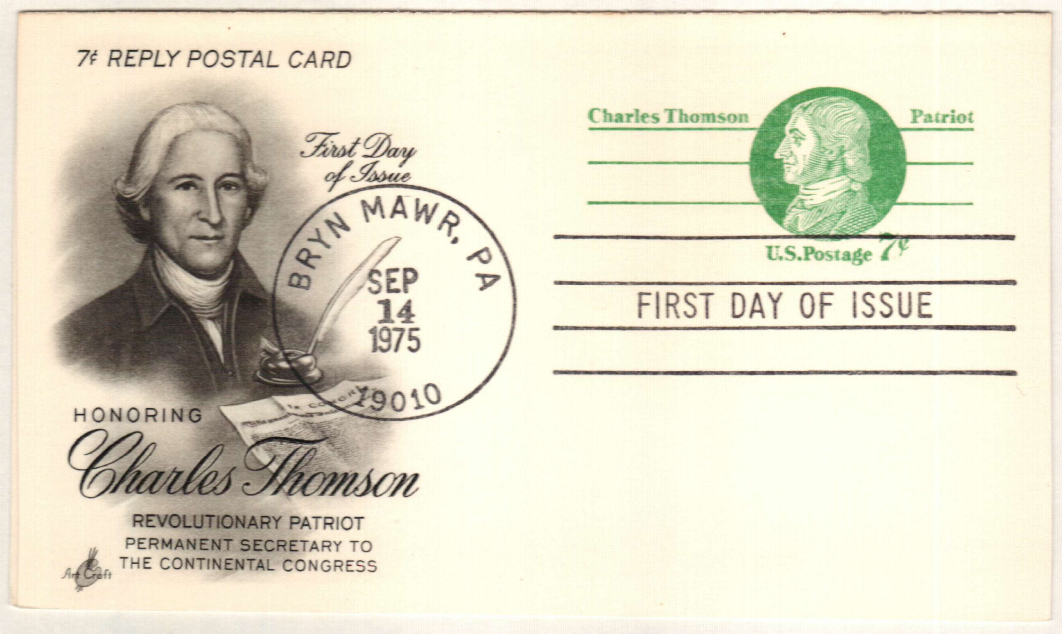 UY25 - 1975 7c Postal Card - Charles Thomason - Mystic Stamp Company