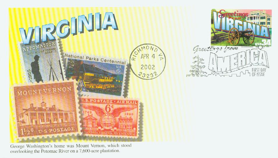 3606 - 2002 34c Greetings From America: Virginia - Mystic Stamp Company