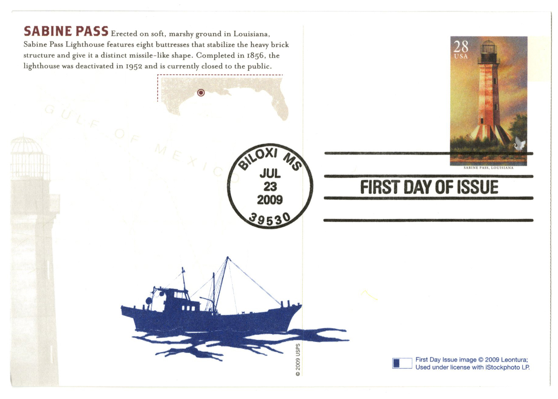 UX563 - 2009 28c Sabine Pass Lighthouse postcard - Mystic Stamp Company