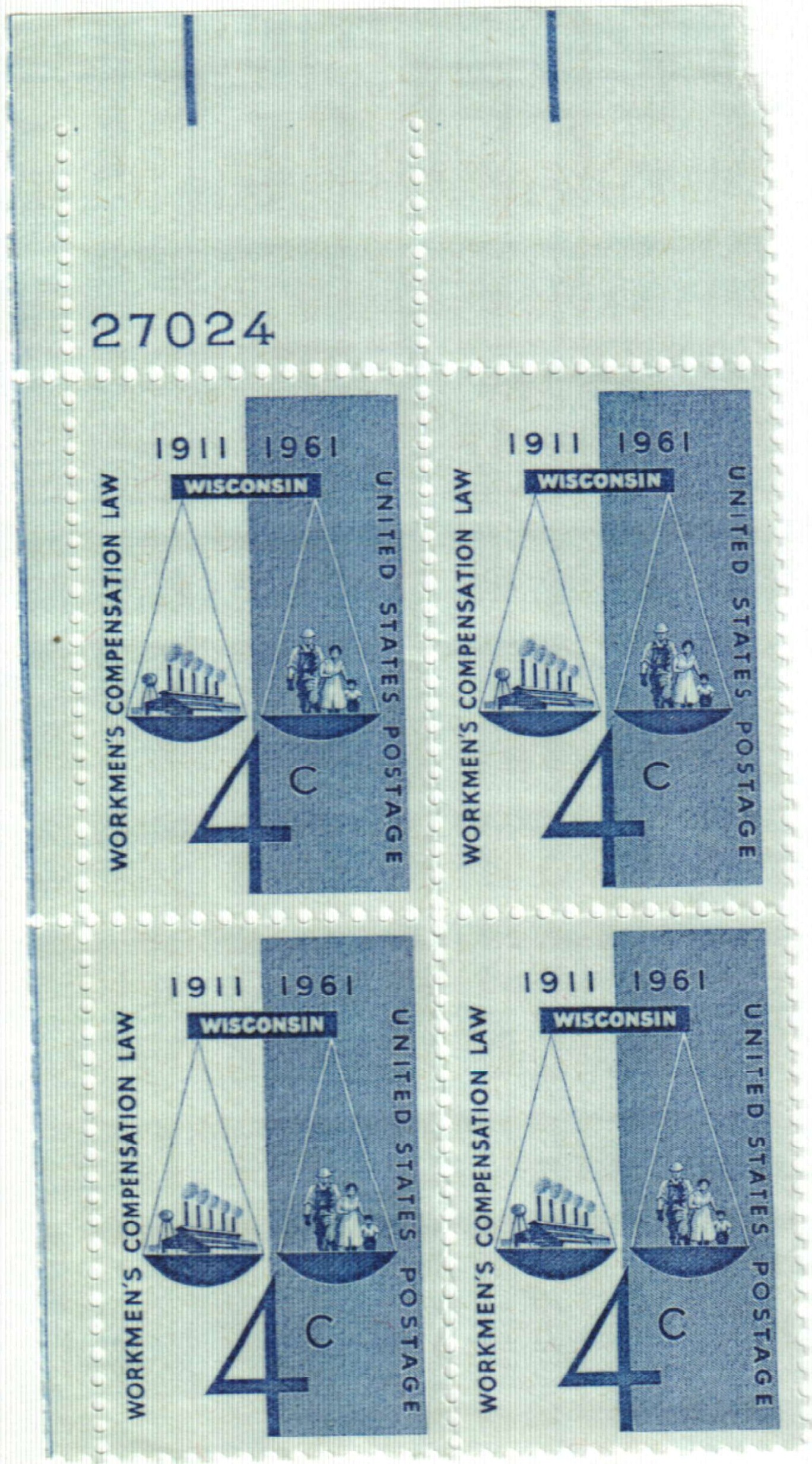 1186 - 1961 4c Workmen's Compensation Law - Mystic Stamp Company