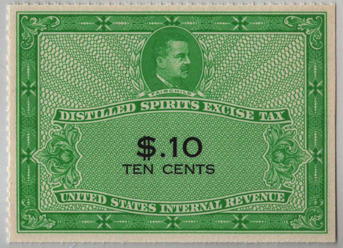 RX29 - 1952 10c Distilled Spirits Excise Tax Stamp - yellow green ...