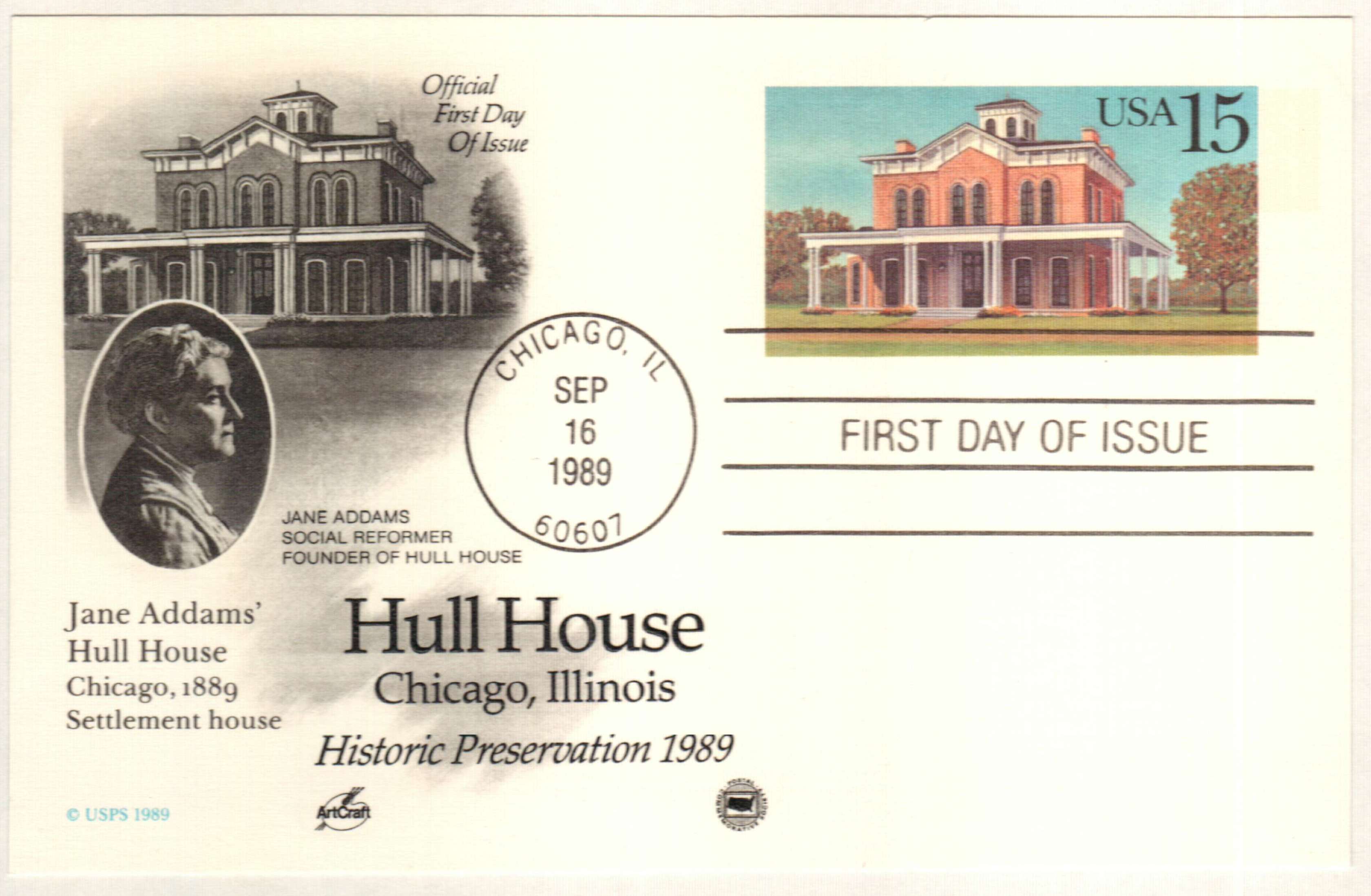 UX134 - 1989 15c Postal Card - Hull House - Mystic Stamp Company