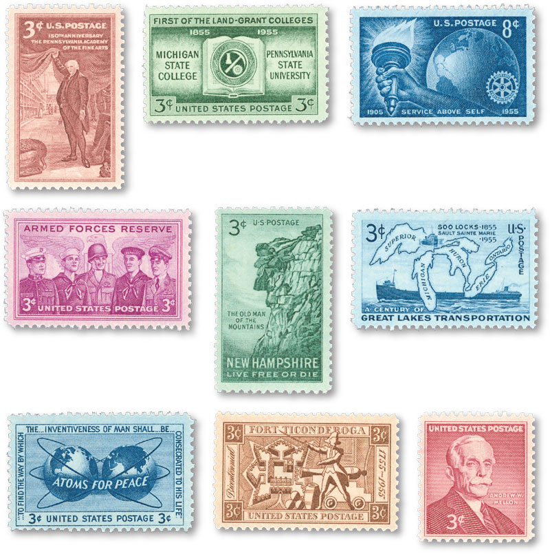 YS1955C - 1955 Complete Commemorative Year Set, 9 stamps - Mystic Stamp ...