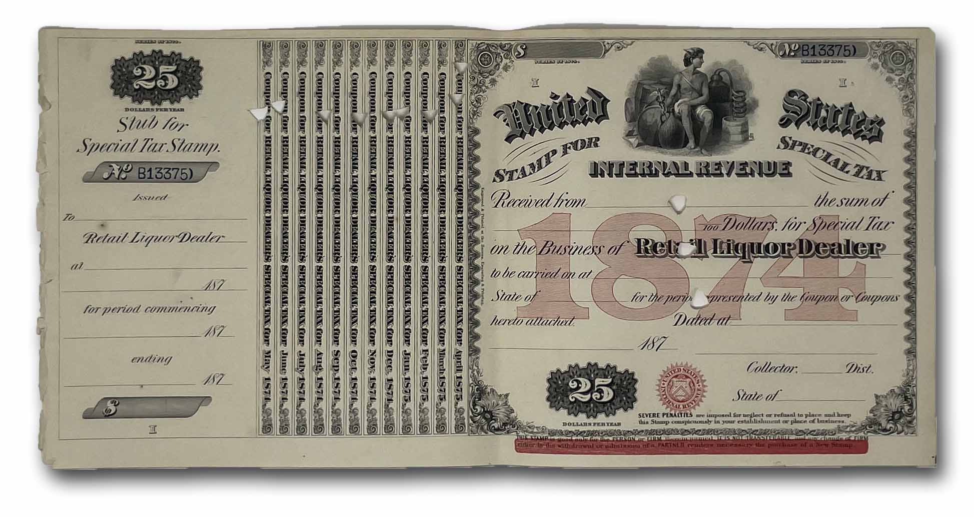 MUS057 - 1874 $25.00 Retail Liquor Dealer, Special Tax Stamp, Cream ...