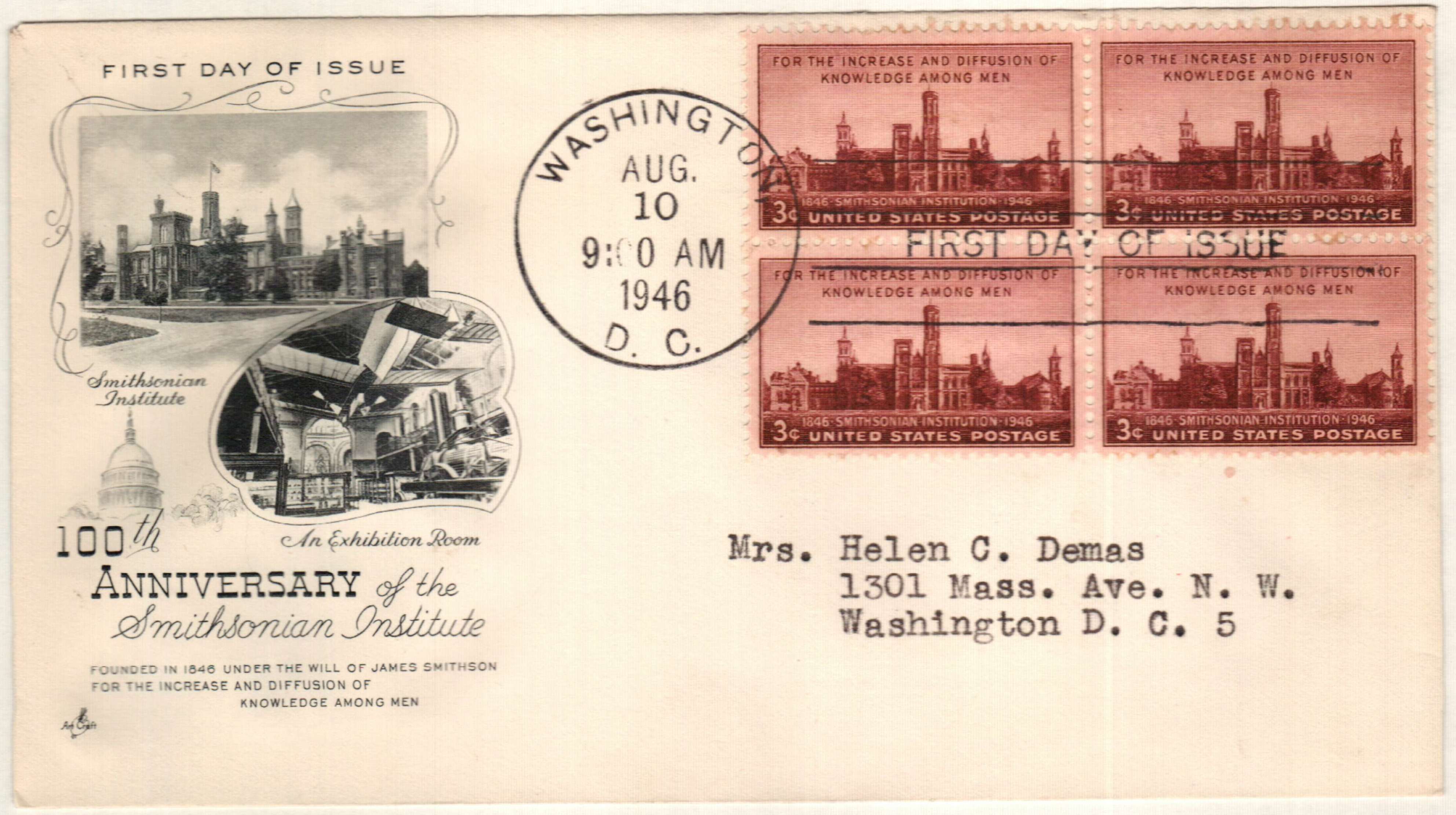 943 - 1946 3c Smithsonian Institution - Mystic Stamp Company
