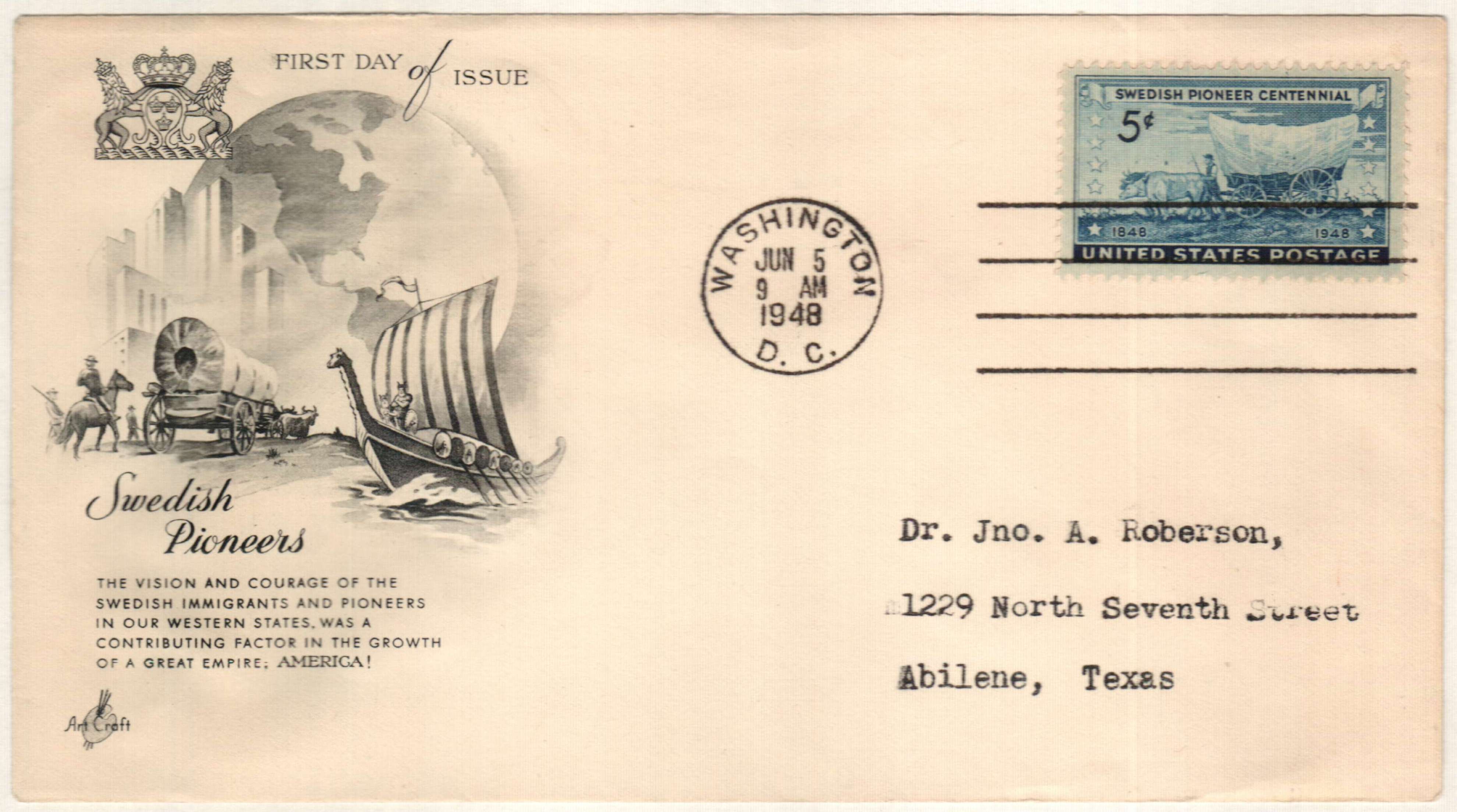 958 - 1948 5c Swedish Pioneer Centennial - Mystic Stamp Company