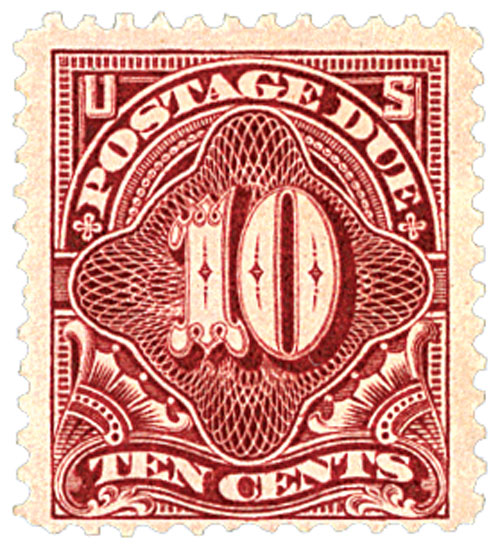 J49 - 1910 10c Postage Due Stamp - deep claret - Mystic Stamp Company