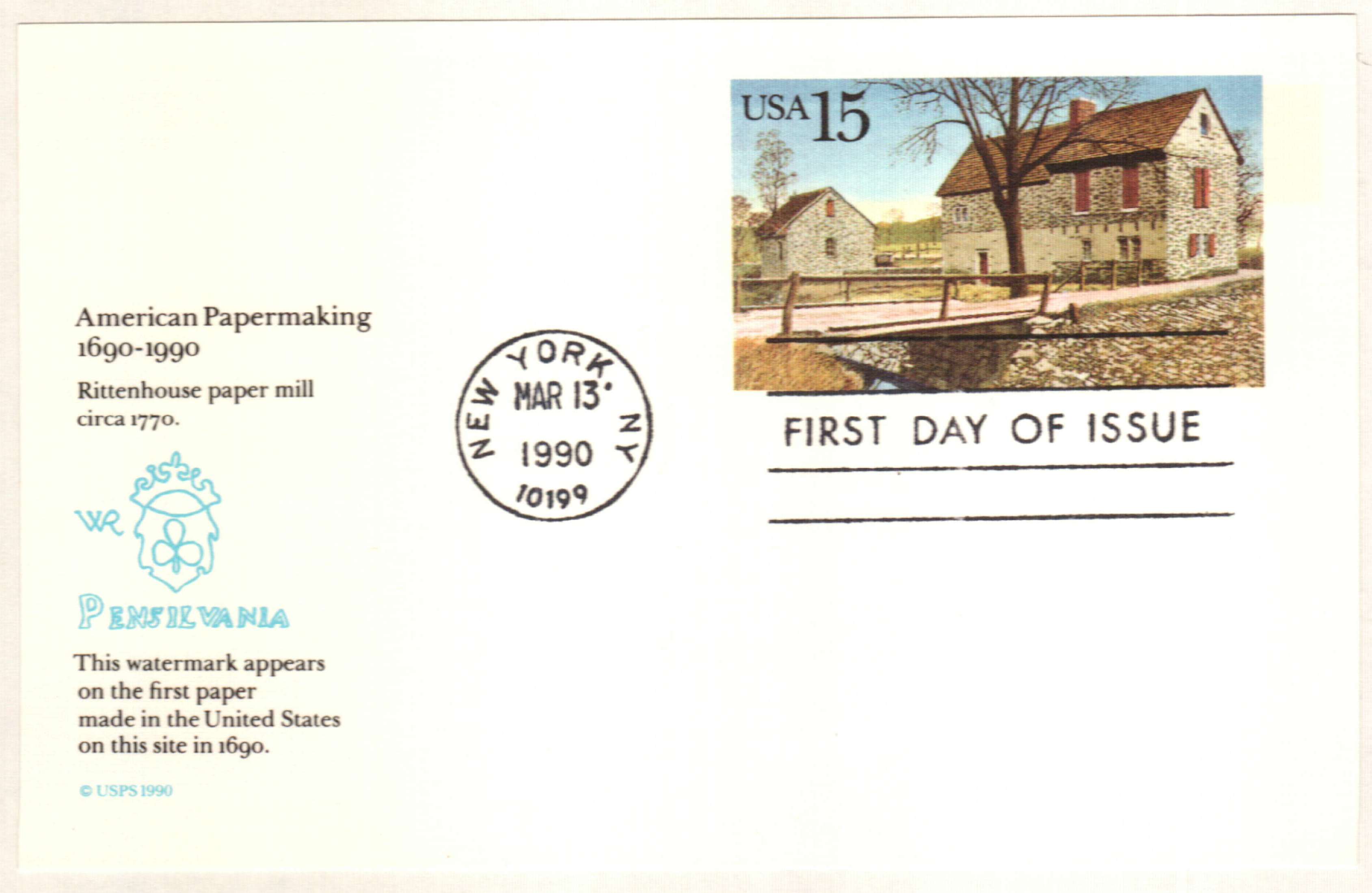 UX145 - 1990 15c Postal Card - Rittenhouse Paper Mill - Mystic Stamp ...