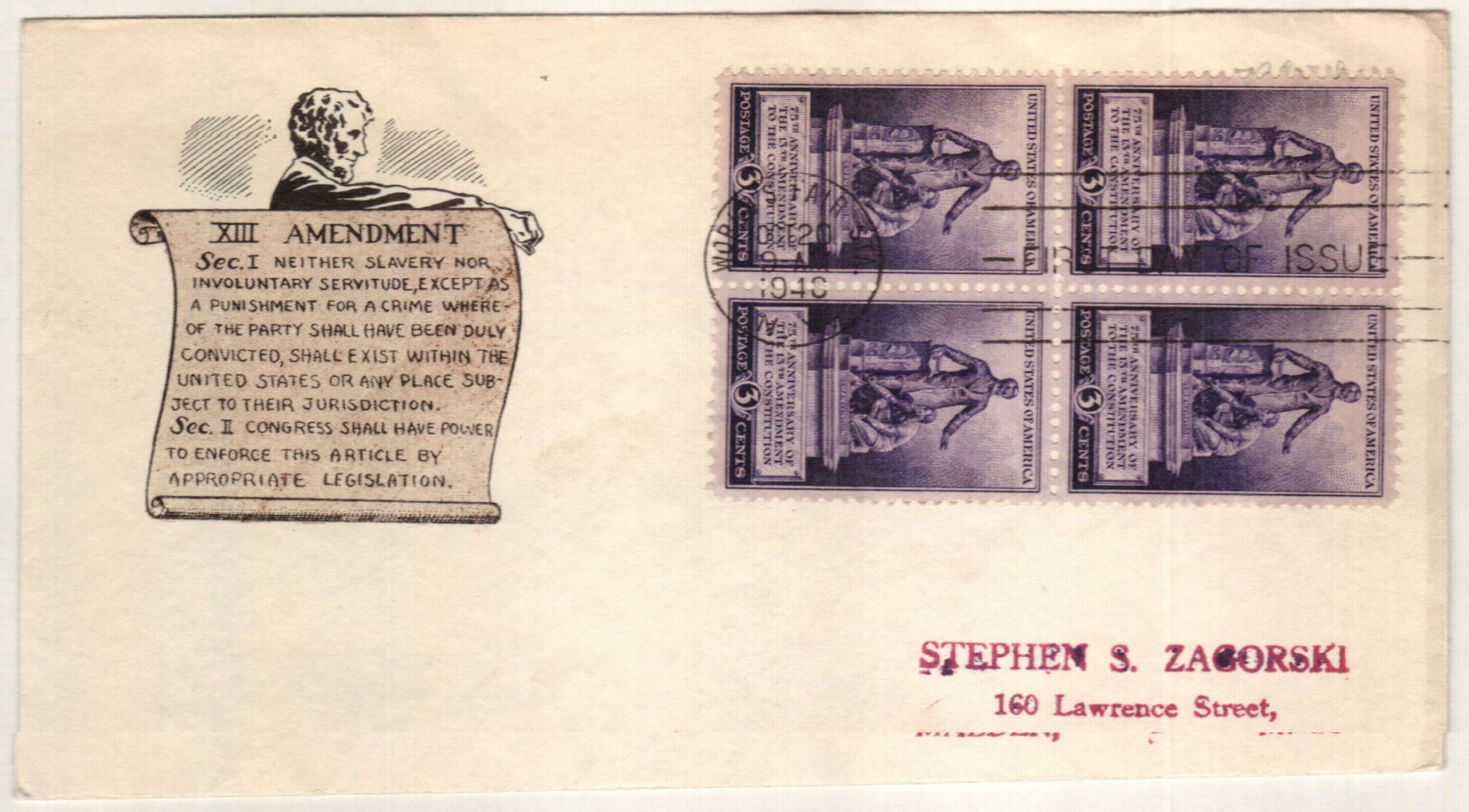 902 - 1940 3c Emancipation Memorial, 13th Amendment - Mystic Stamp Company