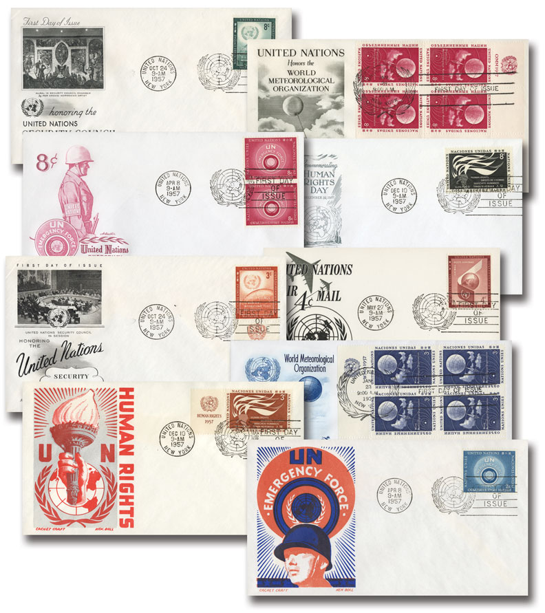 49571 - UN 1957 Year Set, 9 First Day Covers - Mystic Stamp Company