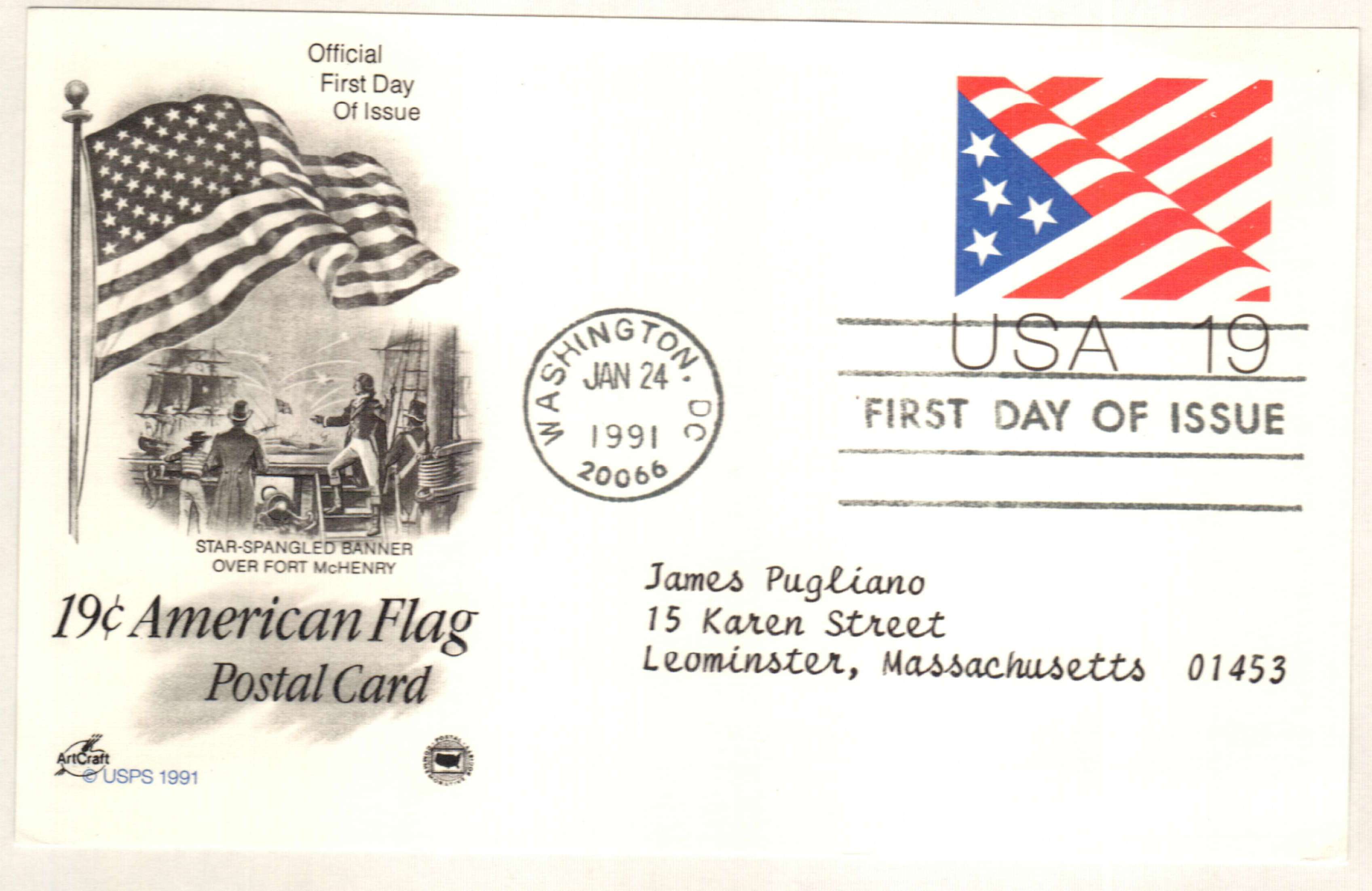 UX153 - 1991 19c Postal Card - Flag - Mystic Stamp Company