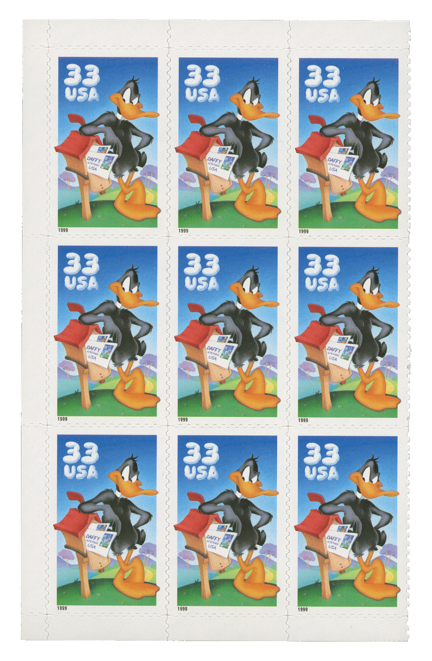3307b - 1999 33c Daffy Duck, pane of 9 stamps - Mystic Stamp Company