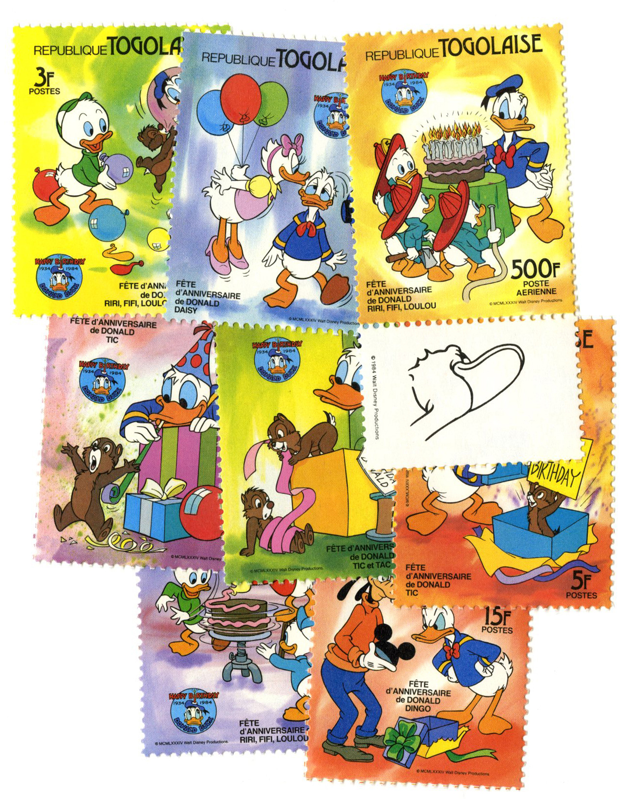 MDS481A - Togo 1984 Donald's 50th Anniv., 8 Stamps - Mystic Stamp Company