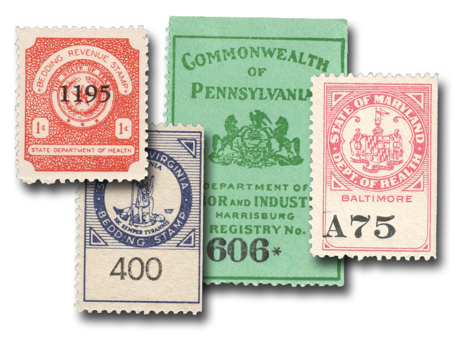 MUS085 - Four State Bedding Inspection Stamps: Maryland, Pennsylvania ...