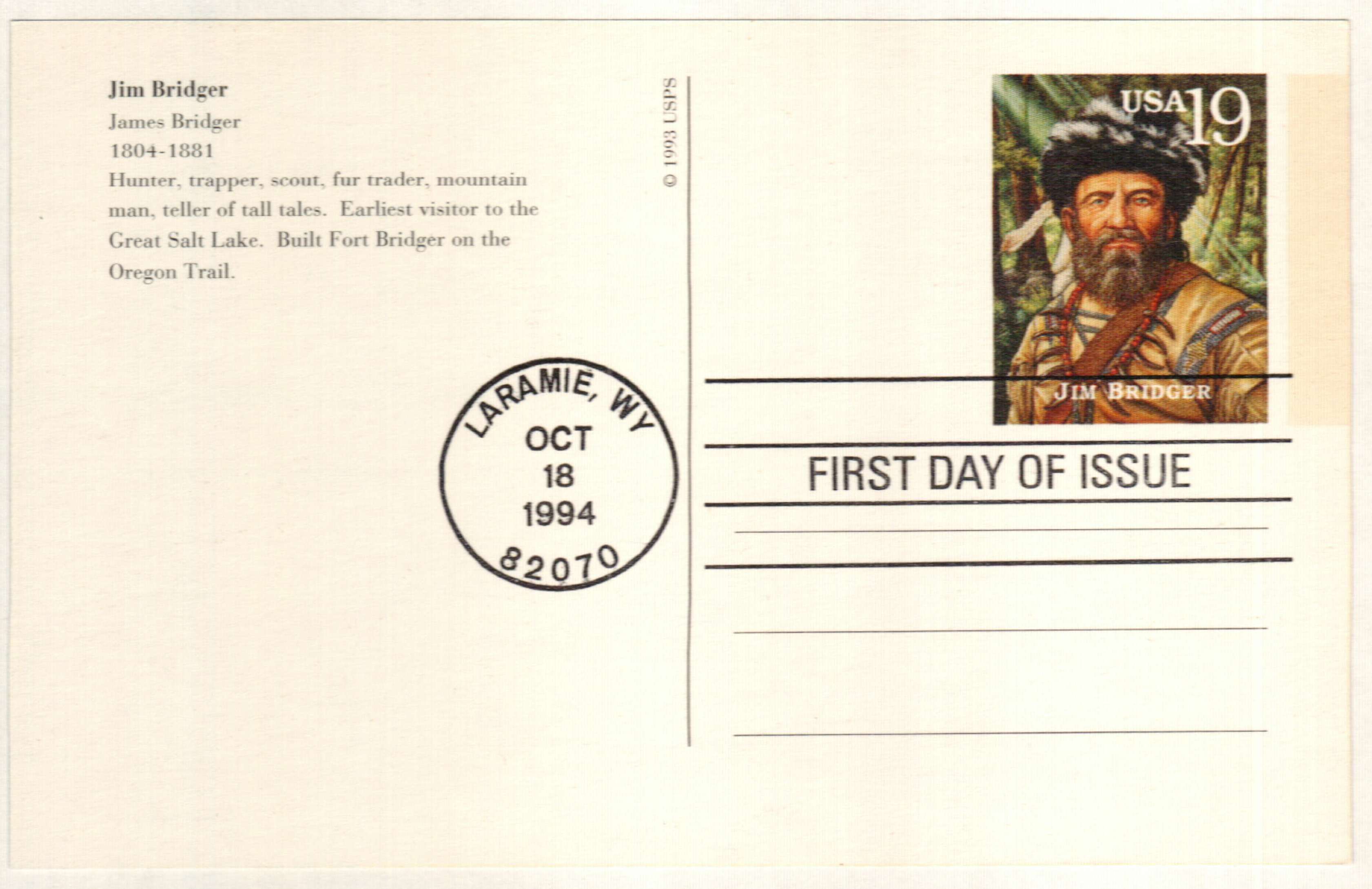 UX180 - 1994 19c Jim Bridger Postal Card - Mystic Stamp Company