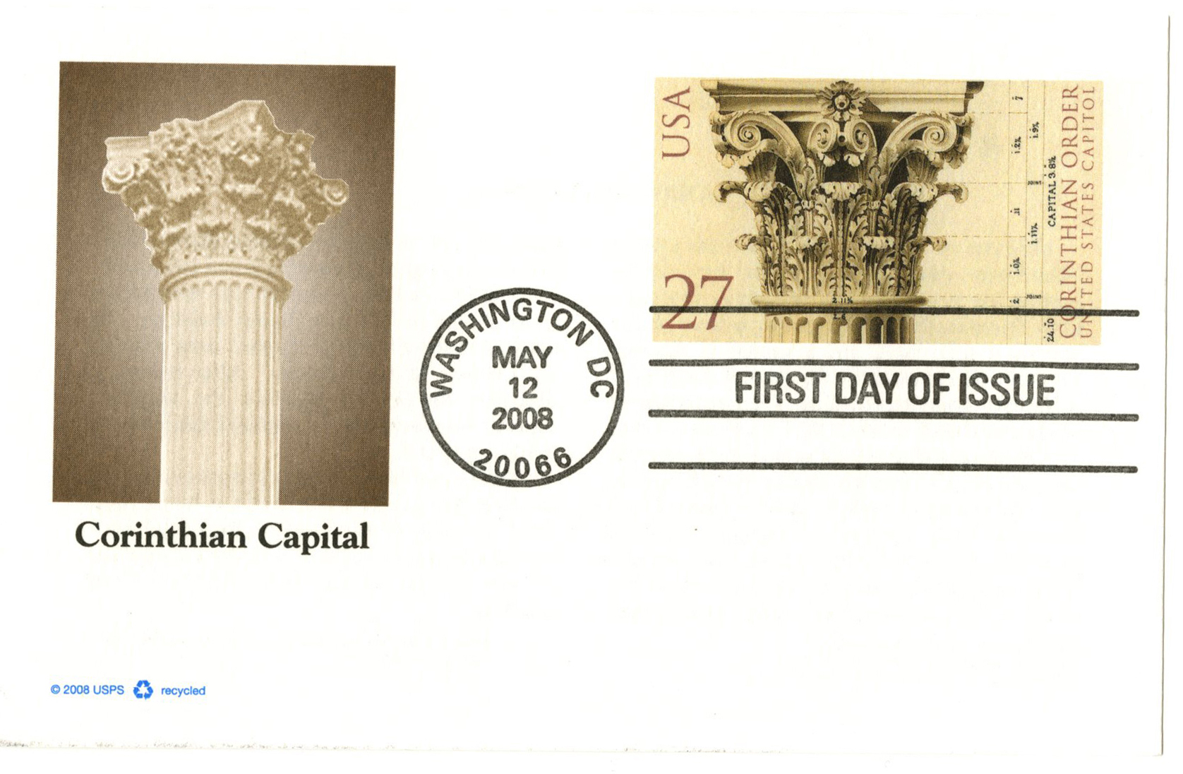 UX534 - 2008 27c Corinthian Capital Stamped PC - Mystic Stamp Company