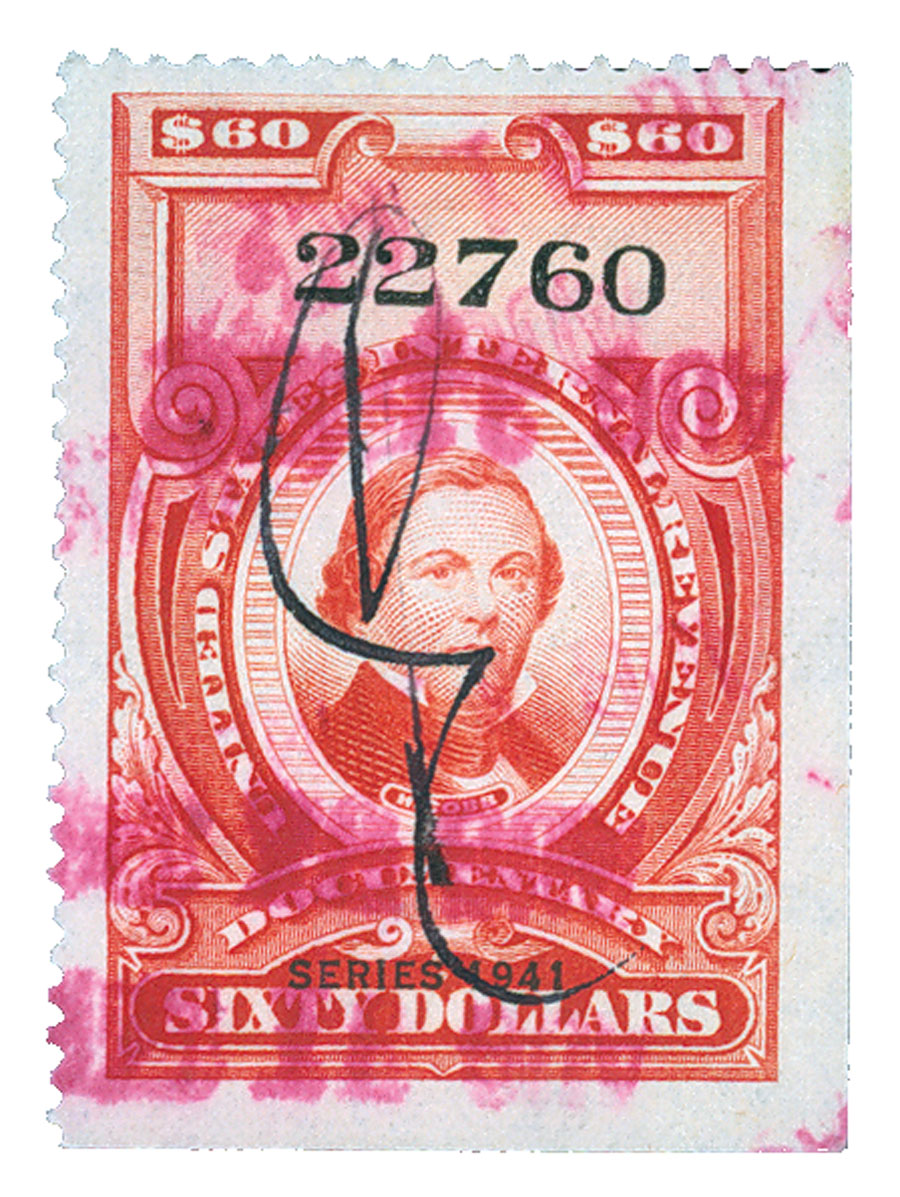 R332 - 1941 $60 US Internal Revenue Stamp - watermark, perf 12, carmine ...