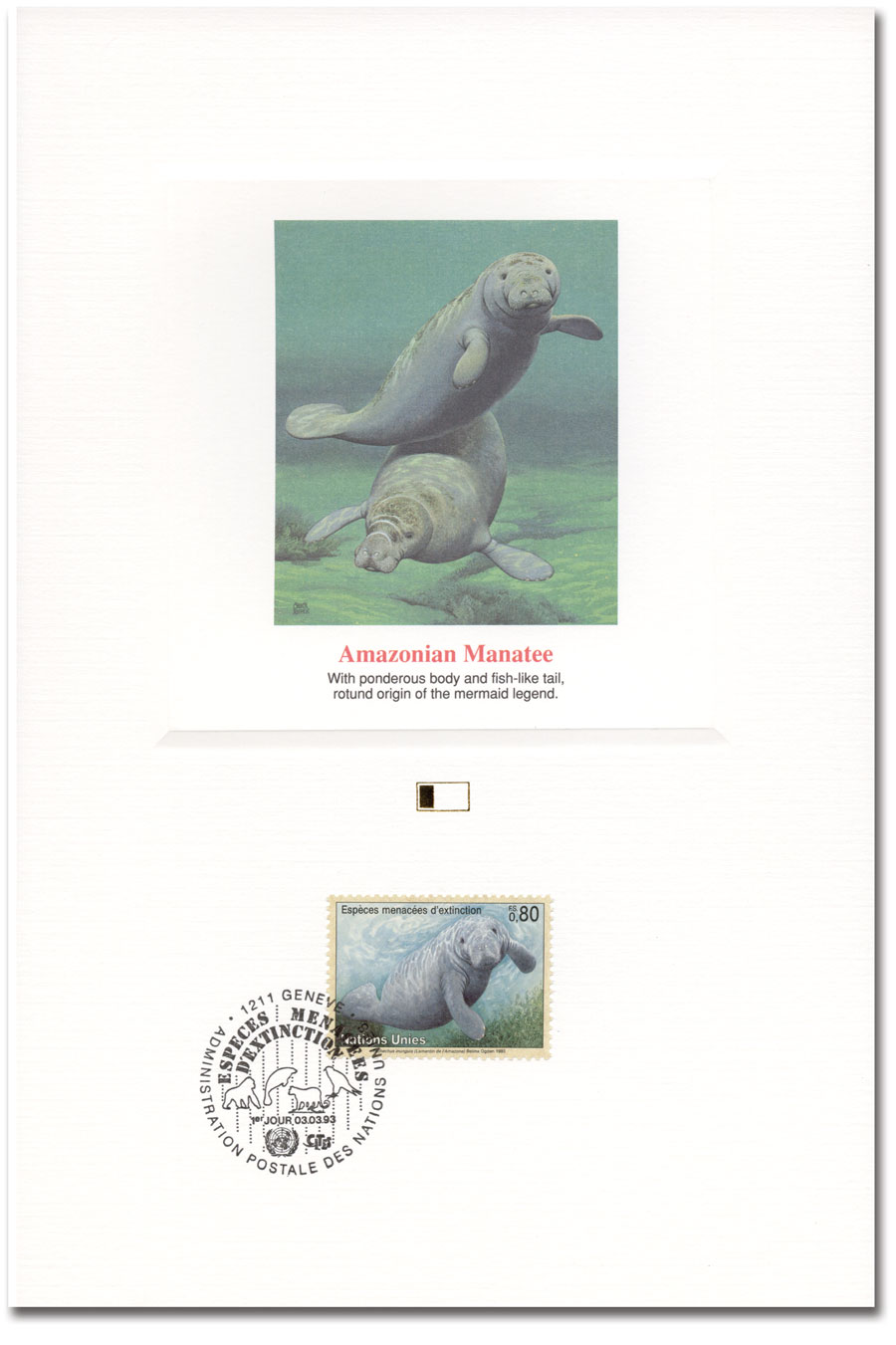 58201G - 1993 U.N. Manatee Proofcard Geneva - Mystic Stamp Company