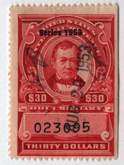 R645 - 1953 $30.00 US Internal Revenue Stamp - watermark, perf 12 ...