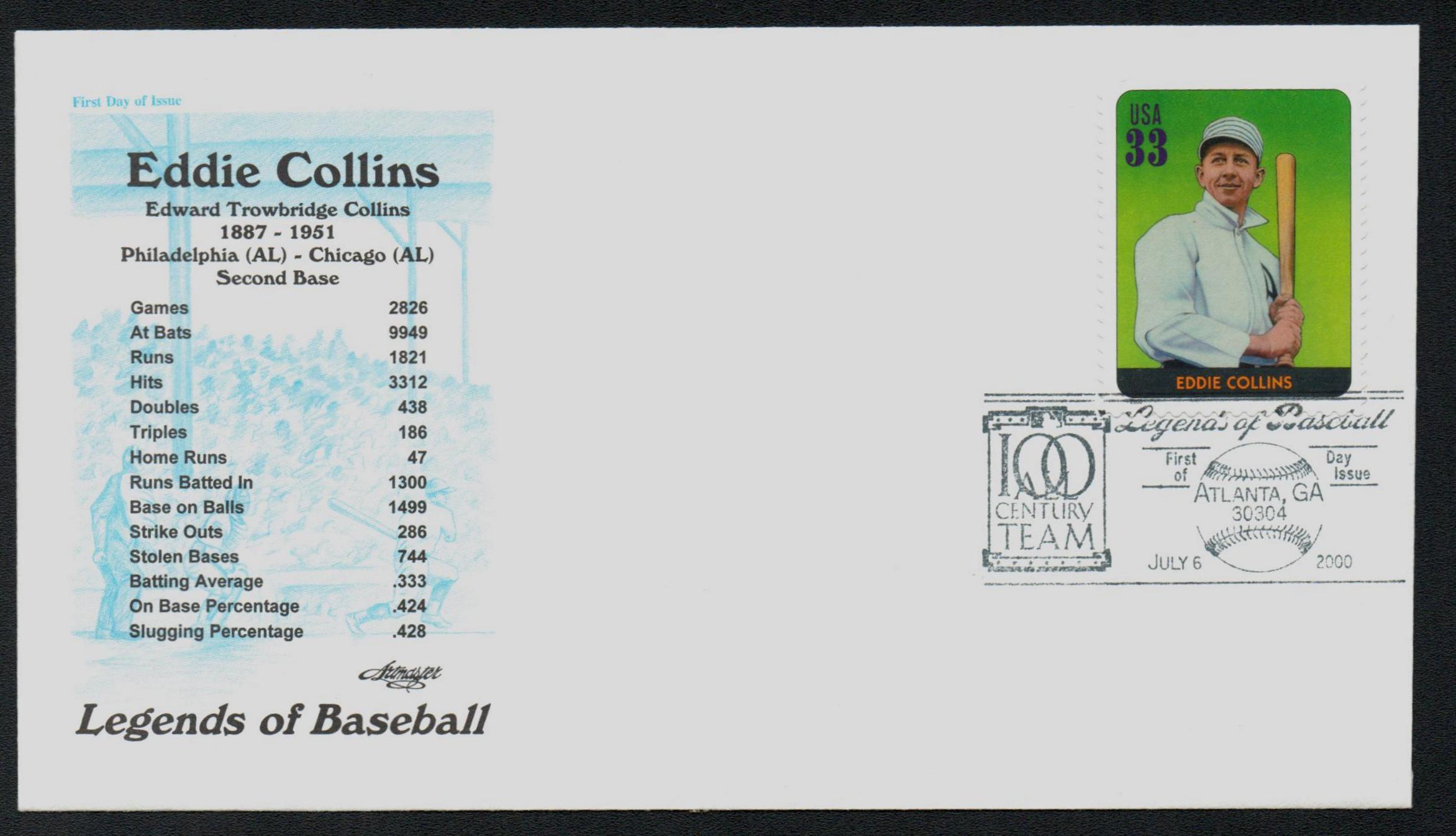 3408b - 2000 33c Legends of Baseball: Eddie Collins - Mystic Stamp Company