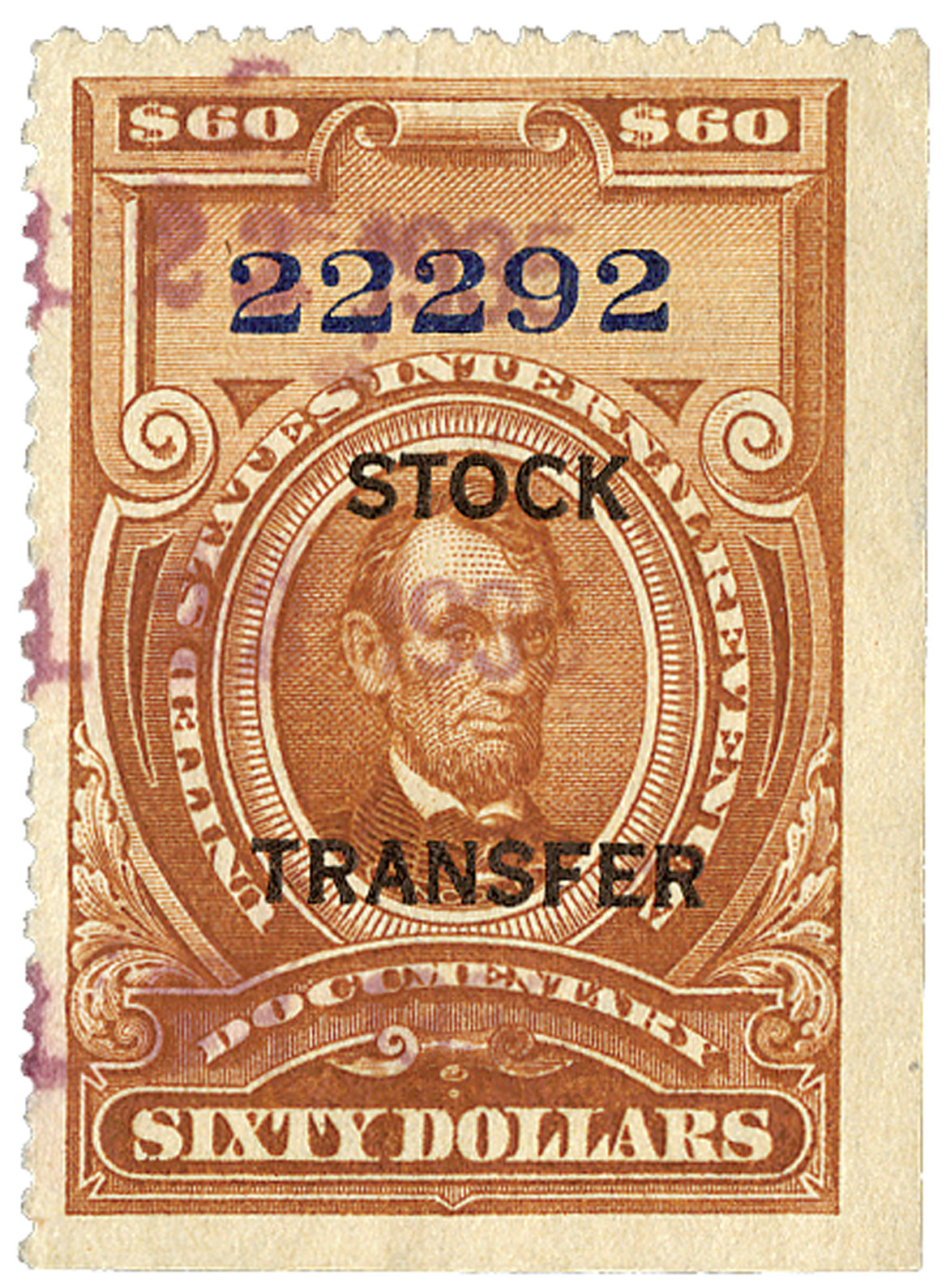 RD21 - 1918 $60 Stock Transfer Stamp, brown, horizontal overprint, perf ...