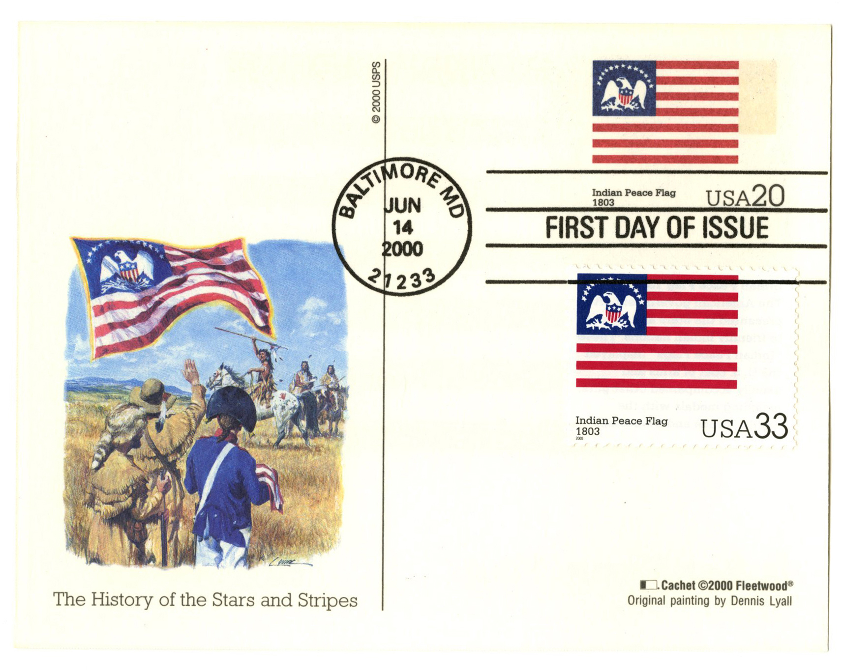 UX325 - 2000 20c Indian Peace Flag PC FDC - Mystic Stamp Company