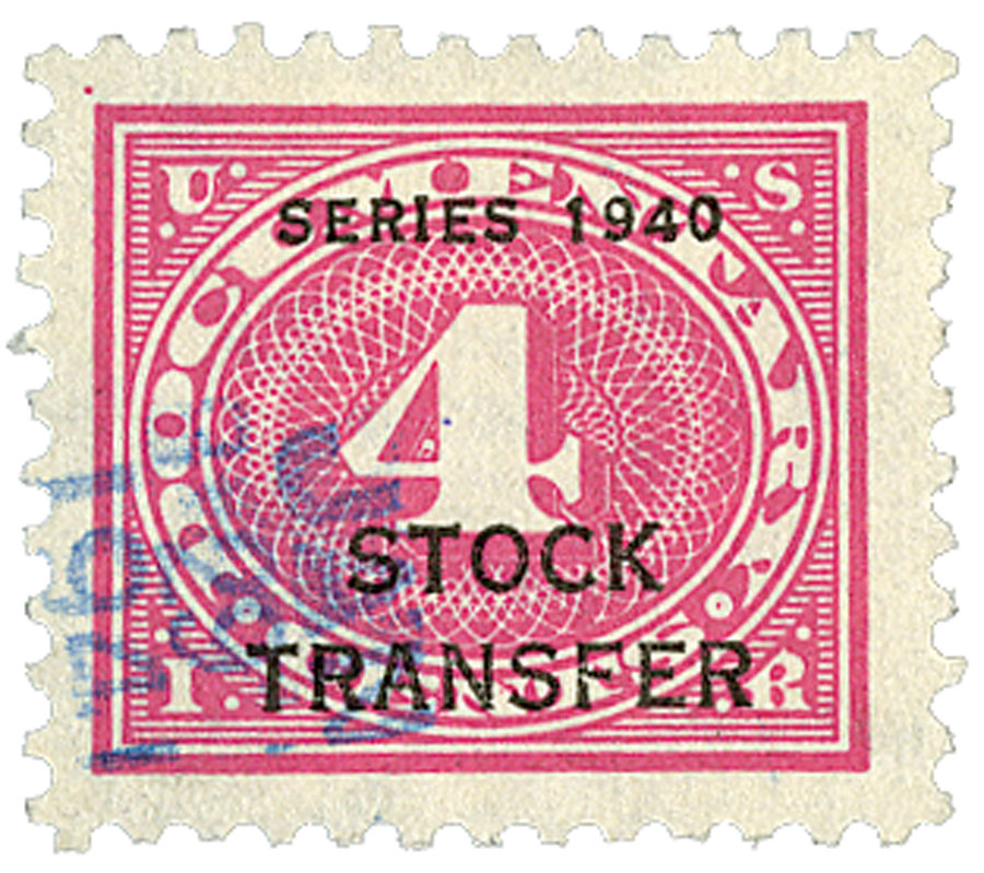 RD45 - 1940 4c Stock Transfer Stamp, rose pink, offset, watermark, perf ...