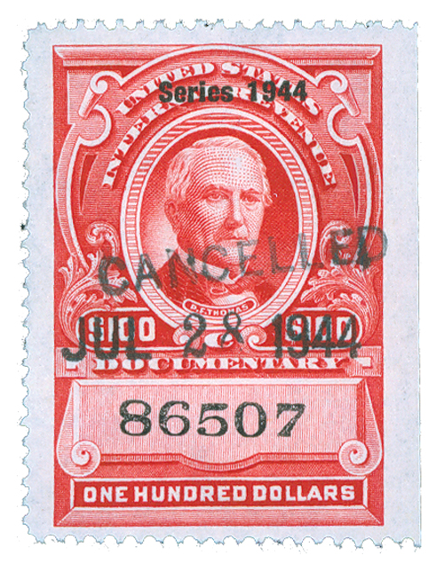 R408 - 1944 $100 US Internal Revenue Stamp - no gum, perf 12, carmine ...
