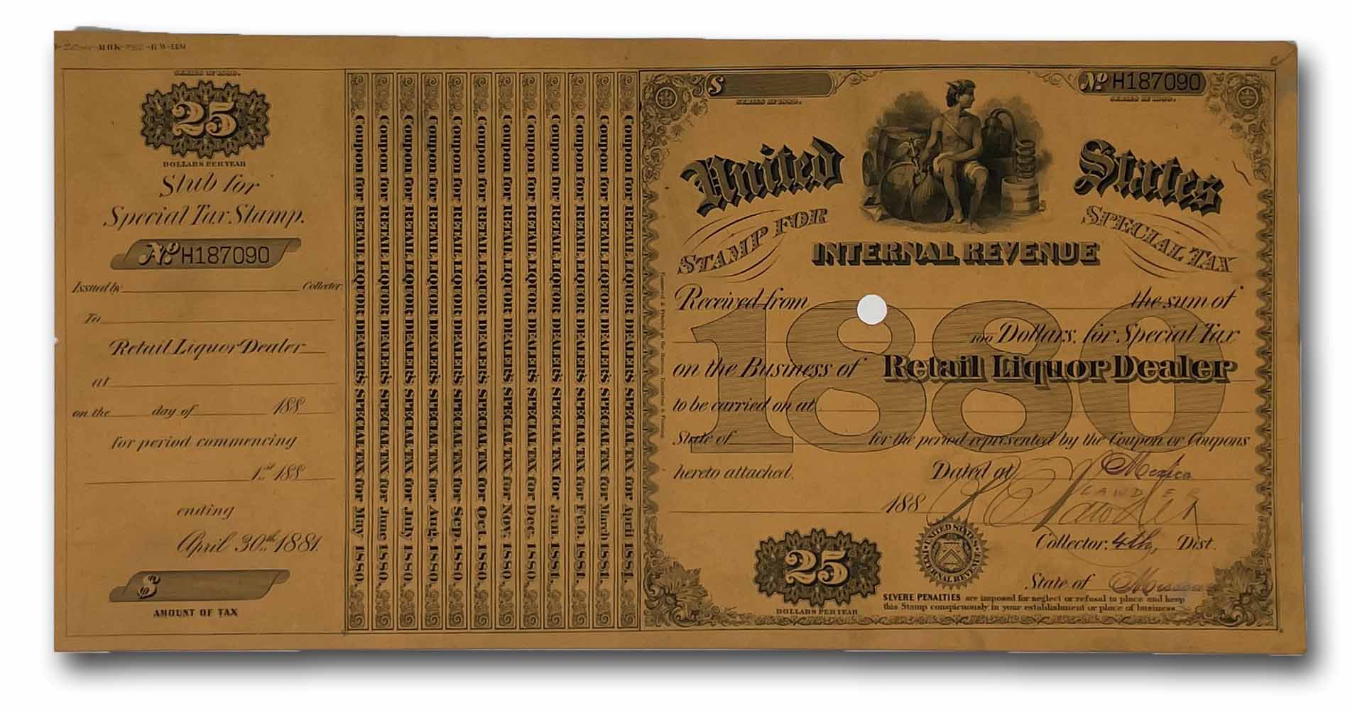 MUS065 - 1880 $25.00 Retail Liquor Dealer, Special Tax Stamp, Orange ...