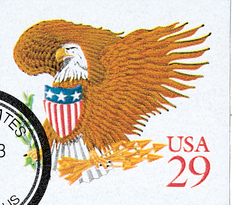 2597 - 1992 29c Eagle and Shield, red denomination - Mystic Stamp Company